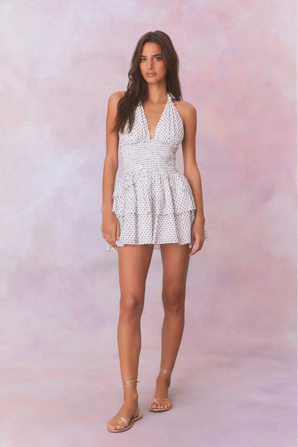 princess polly baby blue dress Loveshackfancy Deanna Polka Dot Halter Mini Dress - White