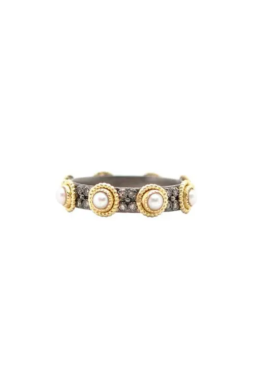 Armenta Old World Freshwater Station Band Ring - Pearl/ Silver/ Yellow Gold