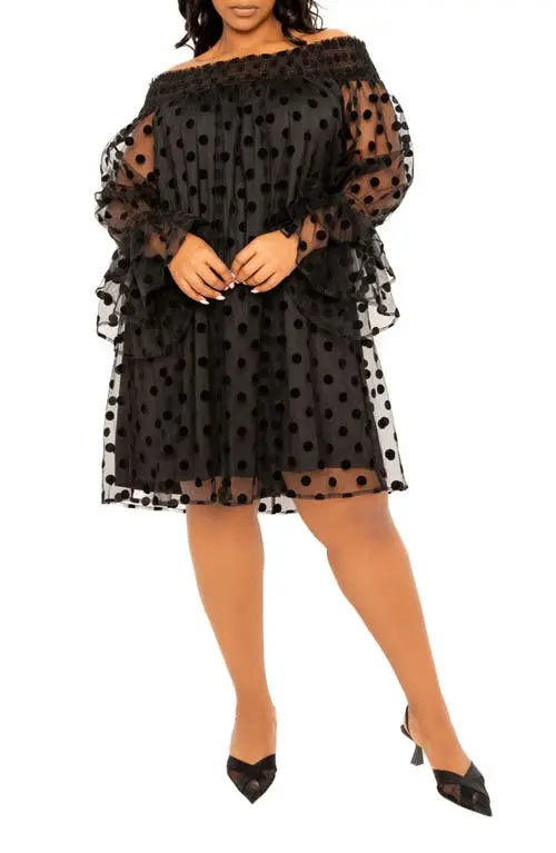 BUXOM COUTURE Flock Dot Off-the-shoulder Dress - Black