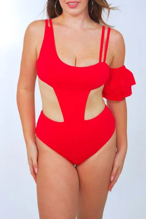 MARY MERCEDES Rafa One-piece Swimsuit With Ruffle Sleeve - Red