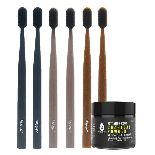 PURSONIC Natural Radiance Combo Activated Coconut Charcoal Powder Natural Teeth Whitener + Cedarwood Toothbrushes - Multicolor