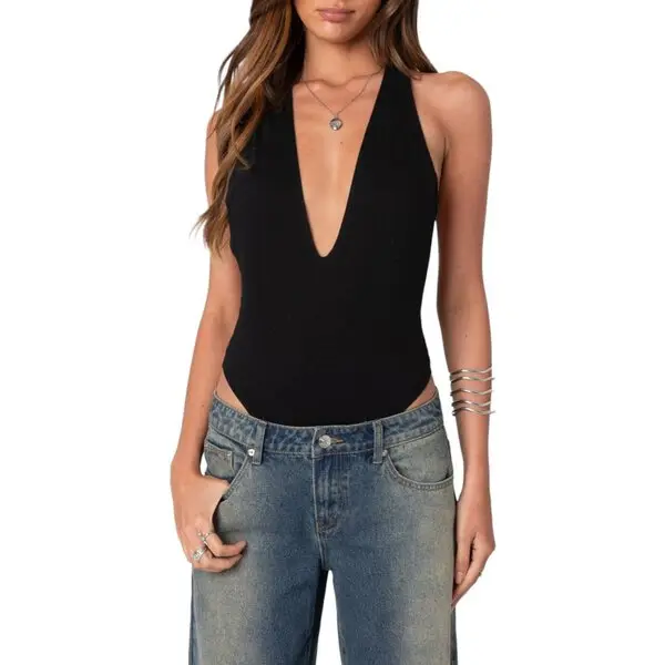 EDIKTED Plunge Neck Halter Bodysuit