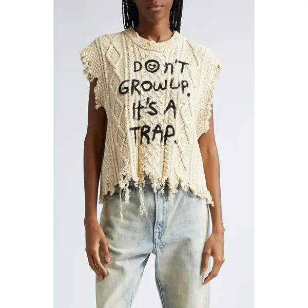 R13 Don't Grow Up Fray Hem Cable Stitch Sweater Vest