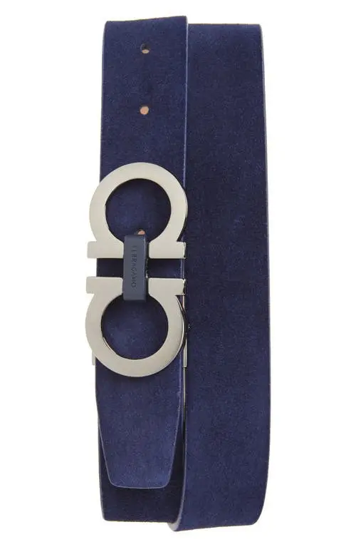FERRAGAMO Double Gancio Suede Belt - Midnight Naturale