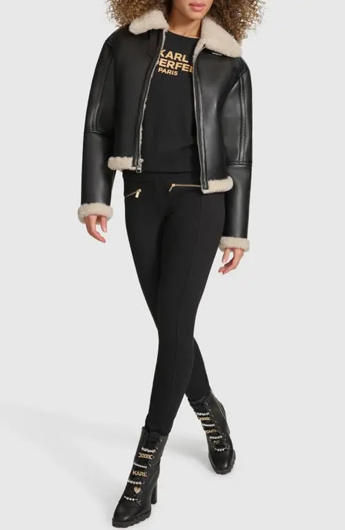 Karl Lagerfeld Paris Faux Leather Bomber Jacket In Black 34% Off