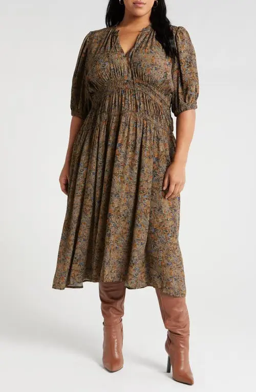 Treasure & Bond Puff Sleeve Drop Waist Midi Dress In Olive- Blue Tawny  Toile - 50% Off | Editorialist