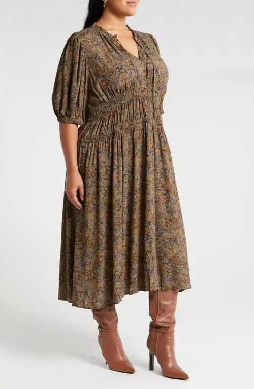 Treasure & Bond Puff Sleeve Drop Waist Midi Dress In Olive- Blue Tawny  Toile - 50% Off | Editorialist