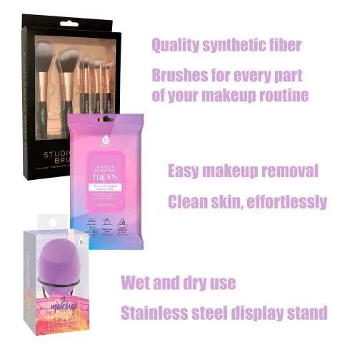 PURSONIC Makeup Essentials Bundle Brushes Wipes & Blender Sponge - Multicolor