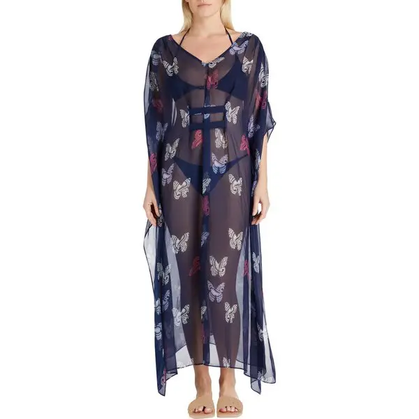 VALIMARE Florence Maxi Sheer Silk Blend Cover-up Kaftan - Navy Blue