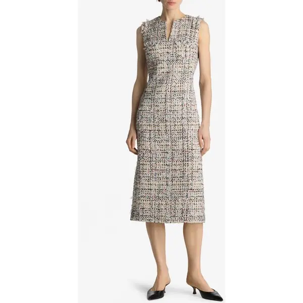 St. John Multicolor Eyelash Tweed Midi Dress - Ecru Multi