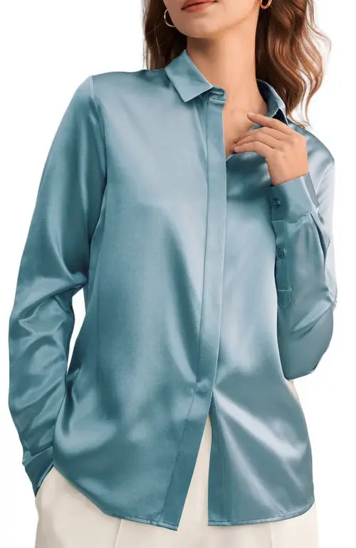 Lilysilk Basic Concealed Placket Silk Shirt - Blue Haze