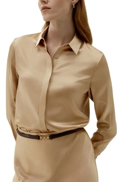 Lilysilk Basic Concealed Placket Silk Shirt - Light Camel