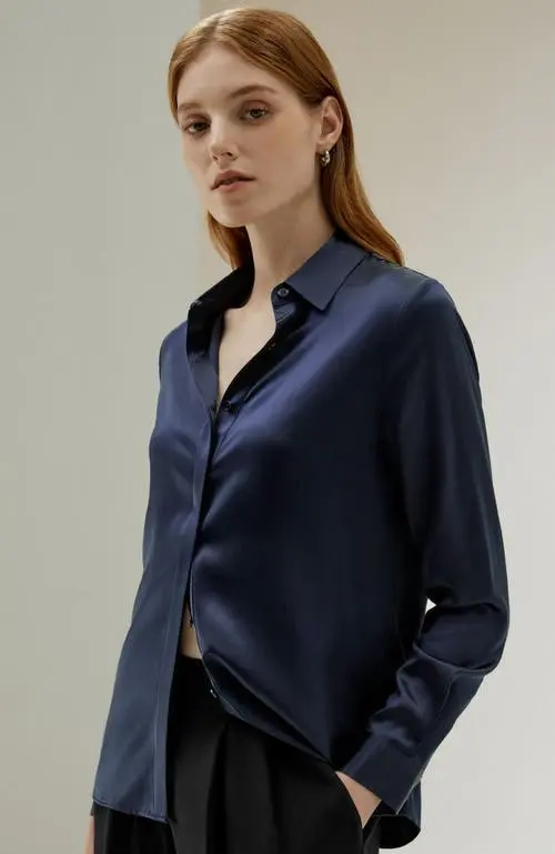 Lilysilk Basic Concealed Placket Silk Shirt - Navy Blue