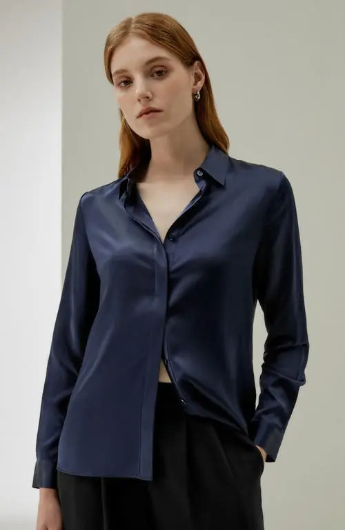 Lilysilk Basic Concealed Placket Silk Shirt - Navy Blue