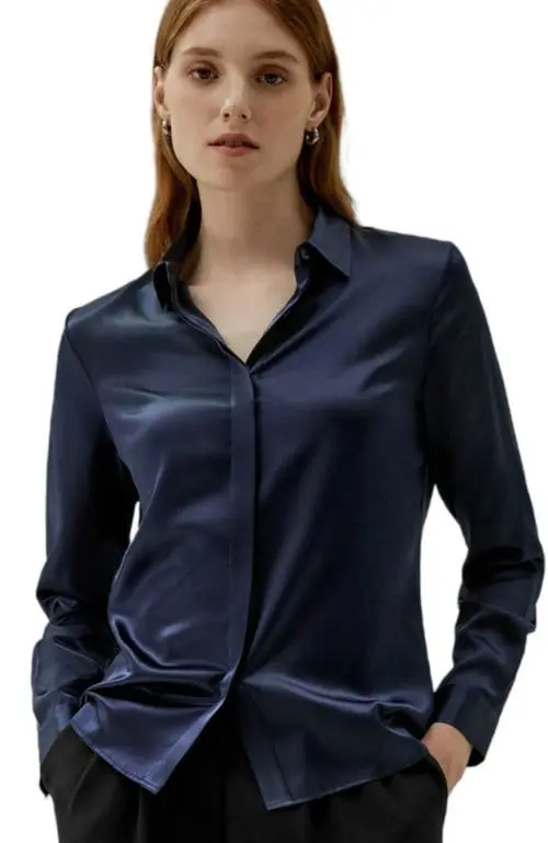 Lilysilk Basic Concealed Placket Silk Shirt - Navy Blue