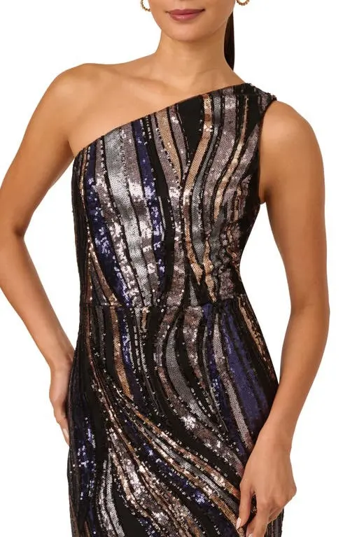 Adrianna Papell Sequin One-shoulder Gown