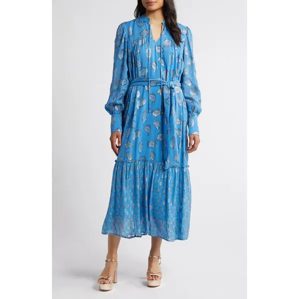 Ciebon Eriana Metallic Long Sleeve Belted Maxi Dress In Blue - 70% Off |  Editorialist