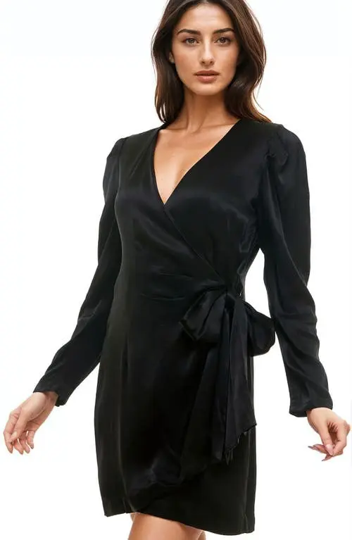 black satin wrap dress long sleeve Women's Plus Black Satin Long Sleeve Wrap Dress