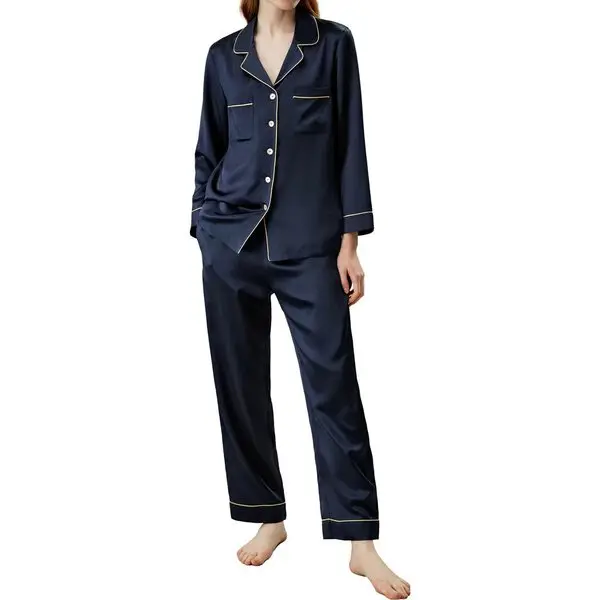 Lilysilk Gold Piping Silk Pajamas Set - Navy Blue