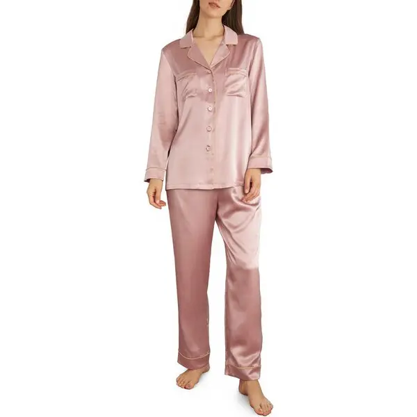 Lilysilk Gold Piping Silk Pajamas Set - Rosy Pink