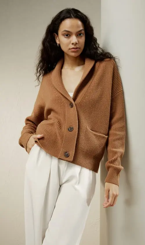 Lilysilk Wool Knit Shawl Collar Cardigan - Toffee