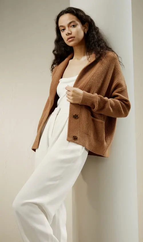 Lilysilk Wool Knit Shawl Collar Cardigan - Toffee