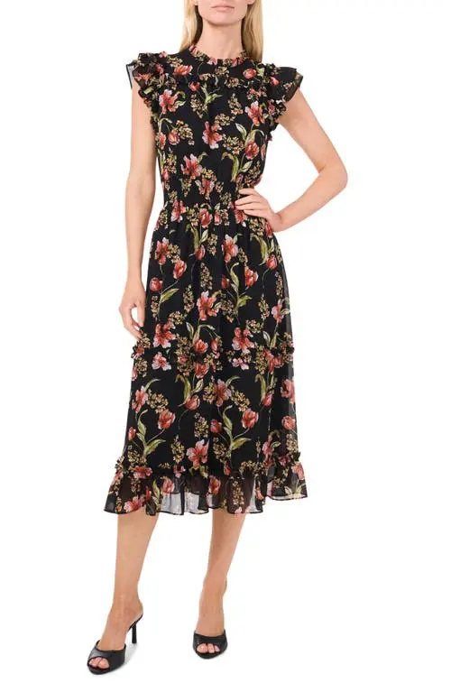 CECE DUPRAZ Floral Flutter Sleeve Midi Dress - Rich Black