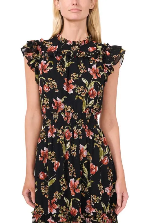 CECE DUPRAZ Floral Flutter Sleeve Midi Dress