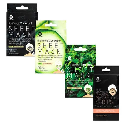 PURSONIC Charcoal Sheet Mask + Tea Tree Sheet Mask + Cucumber Sheet Masks + Cleansing Charcoal Nose Pore Strip - Multicolor