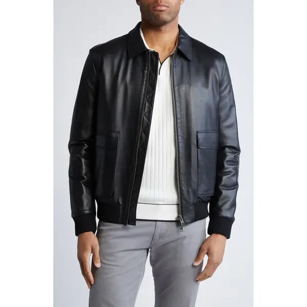 Bugatchi Zip Front Leather Bomber Jacket - Black