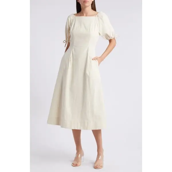 Quincy Mae Bubble Sleeve Cotton & Linen Midi Dress In Cream - 30% Off |  Editorialist