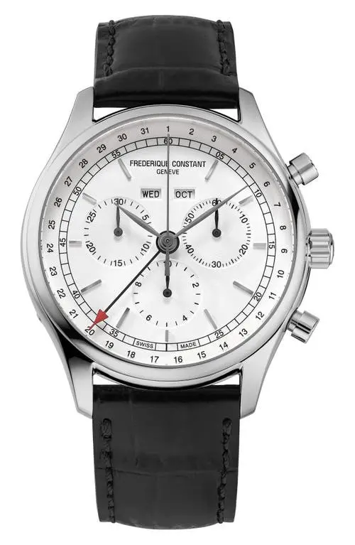 FREDERIQUE CONSTANT Classics Chronograph Leather Strap Watch - Silverone