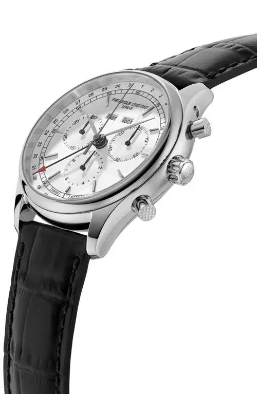 FREDERIQUE CONSTANT Classics Chronograph Leather Strap Watch - Silverone