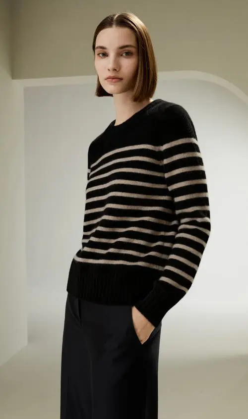 Lilysilk Striped Cashmere Sweater - Black
