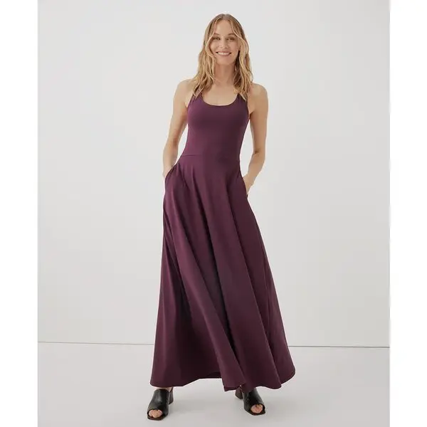 Pact Organic Cotton Fit & Flare Open Back Maxi Dress - Maroon | Editorialist