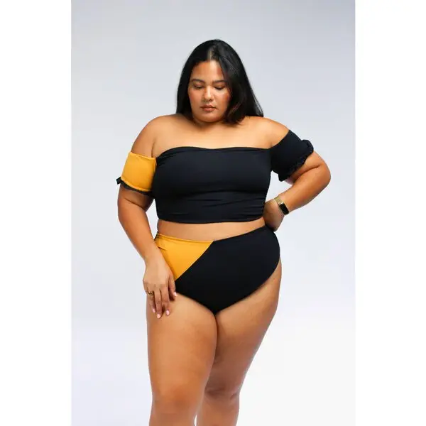 MARY MERCEDES Cali Off-the-shoulder Bikini Top - Black And Mustard Yellow
