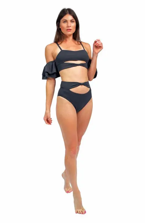 MARY MERCEDES Cutout Bikini Top With Ruffle Sleeves - Charcoal Grey