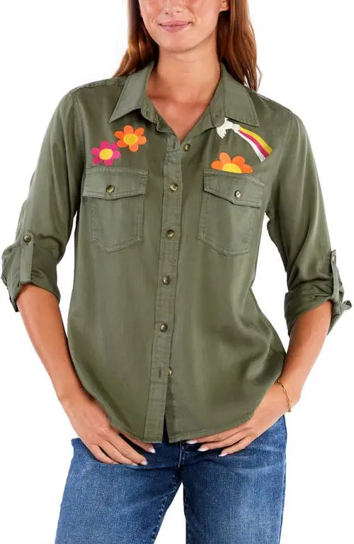 BILLY T Peace & Love Embroidered Shirt - Soft Olive
