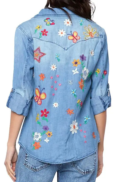 BILLY T Sketchbook Embroidered Button-up Shirt - Vintage Blue