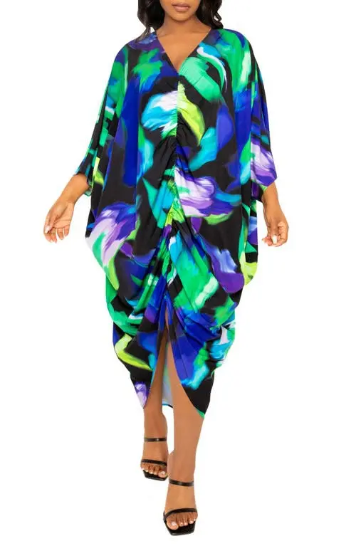 BUXOM COUTURE Abstract Floral Center Ruched Dress - Blue Multi