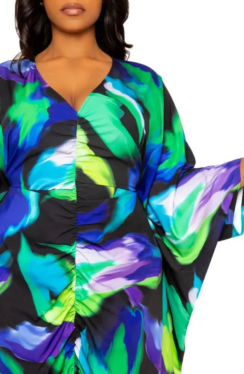 BUXOM COUTURE Abstract Floral Center Ruched Dress - Blue Multi