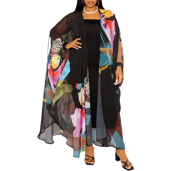 BUXOM COUTURE Floral Robe With Wristband - Black Multi