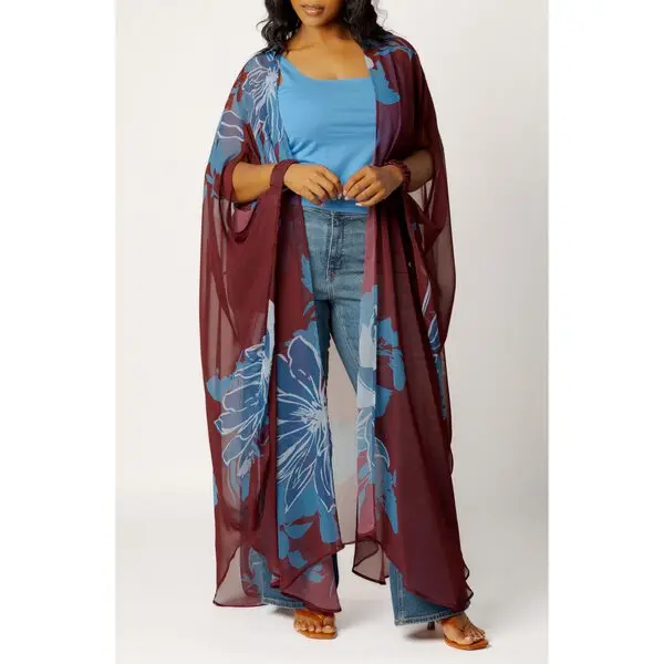 BUXOM COUTURE Floral Chiffon Robe With Wristband Detail - Brown Multi