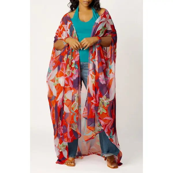 BUXOM COUTURE Floral Chiffon Robe With Wristband Detail - Red Multi