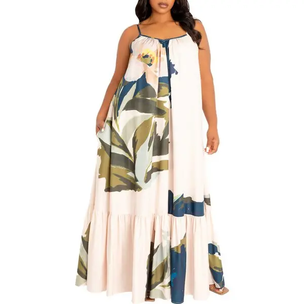BUXOM COUTURE Floral Print Voluminous Maxi Dress - Beige Multi