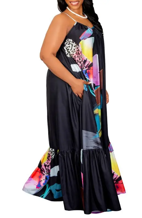 BUXOM COUTURE Floral Print Voluminous Maxi Dress - Black Multi