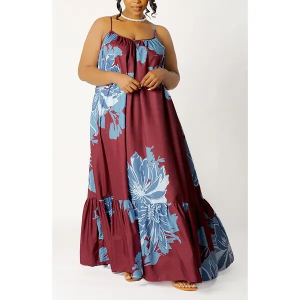 BUXOM COUTURE Floral Print Voluminous Maxi Dress - Brown Multi