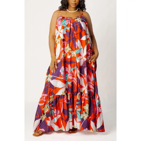 BUXOM COUTURE Floral Print Voluminous Maxi Dress - Red Multi