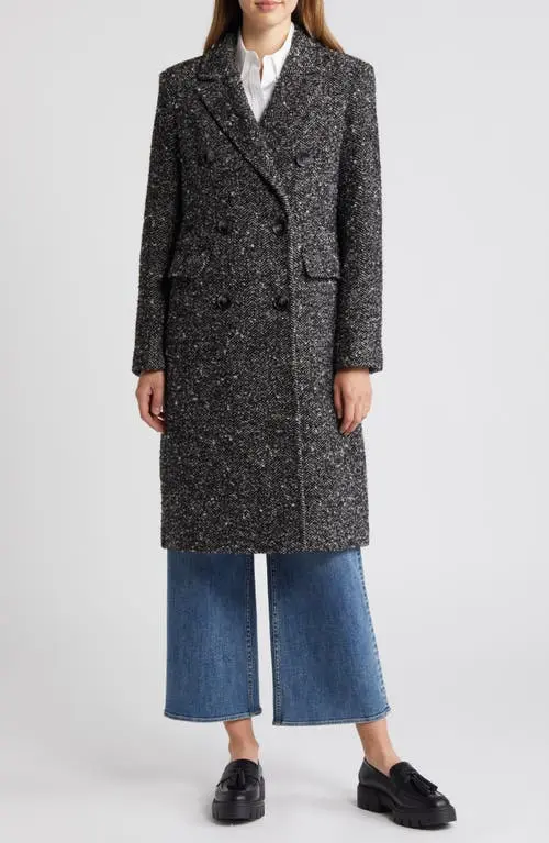 Sam Edelman Reefer Double Breasted Herringbone Tweed Coat - Black/whit