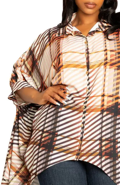 BUXOM COUTURE Mixed Geo Print High-low Shirt - Brown Multi